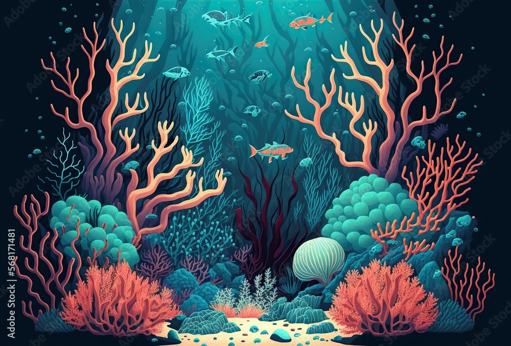 cartoon illustration, underwater scene of the seabed with corals and ...