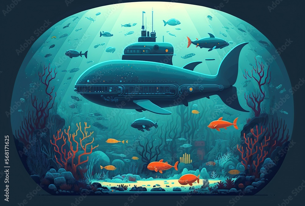cartoon illustration, landscape of a submarine, with fish and corals ...