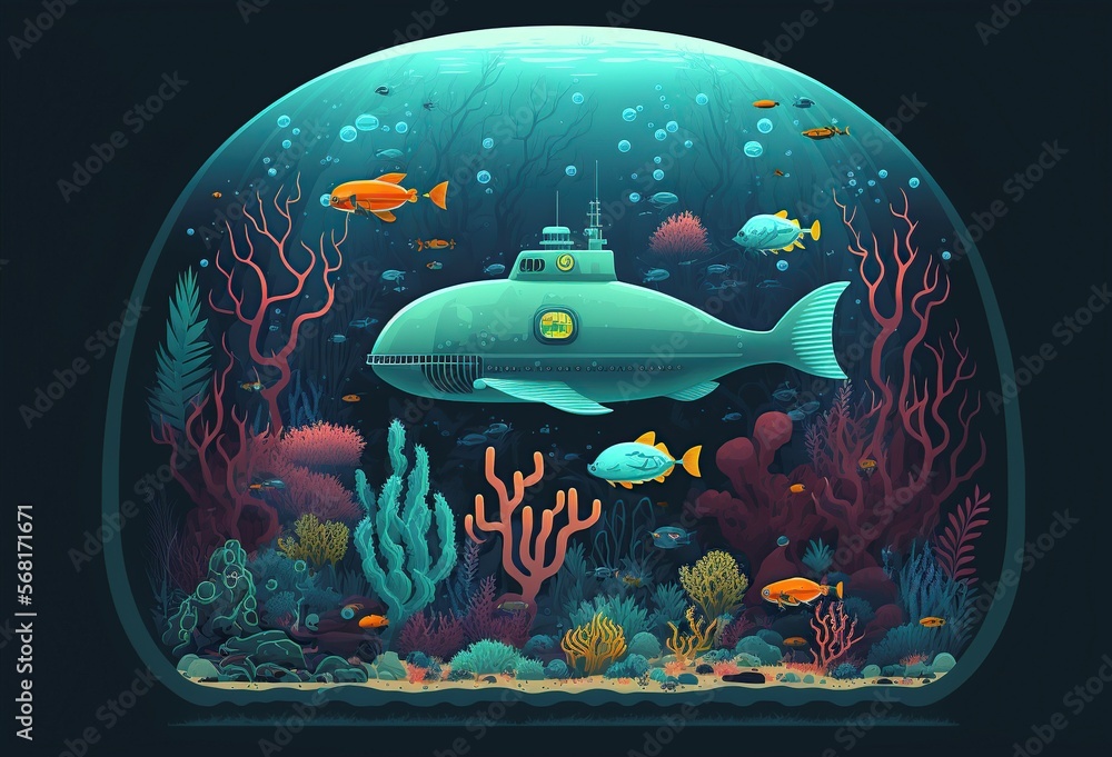cartoon illustration, landscape of a submarine, with fish and corals ...