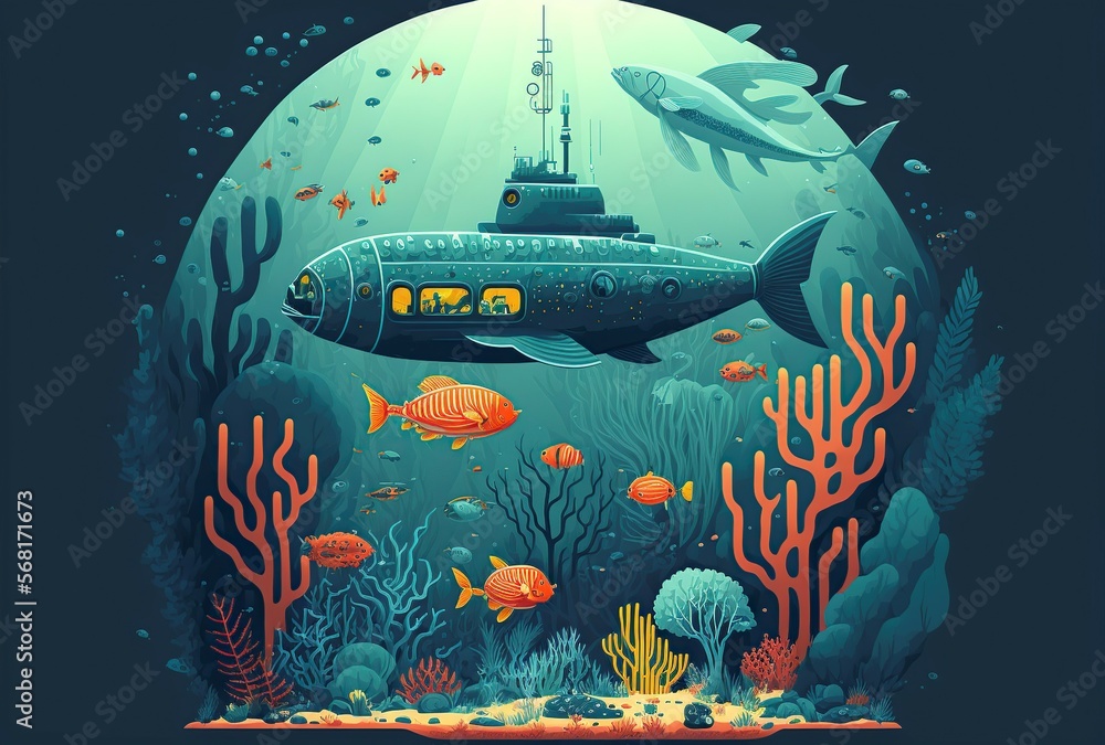 cartoon illustration, landscape of a submarine, with fish and corals ...