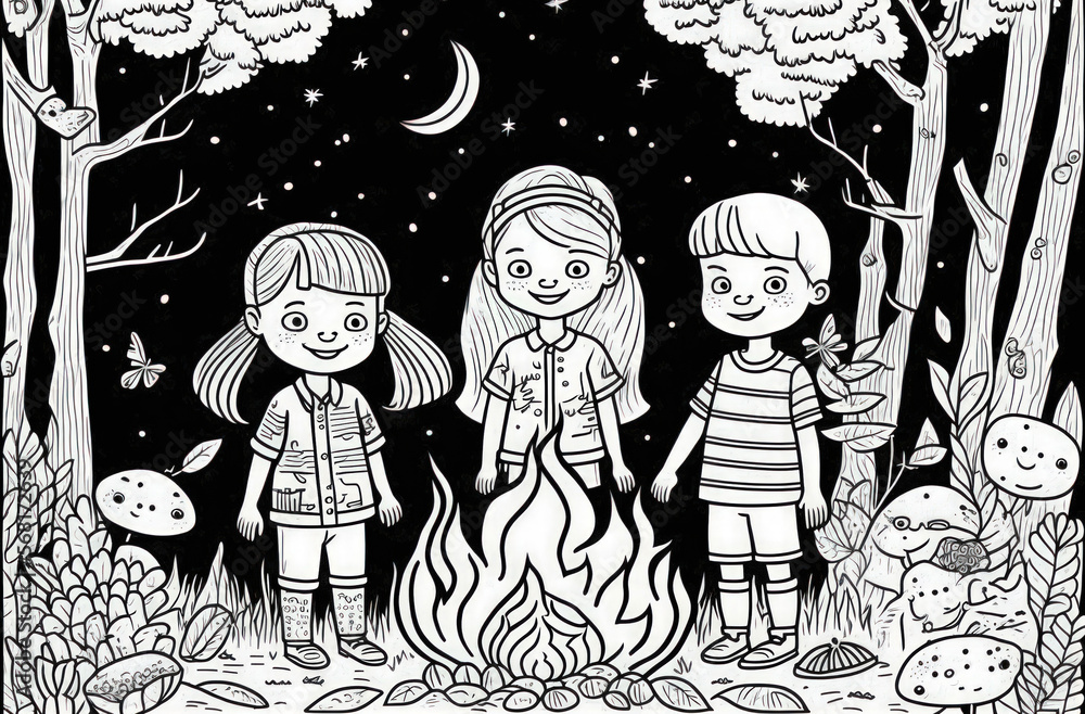 Happy kids at a campsite in the woods at night. coloring page in black ...