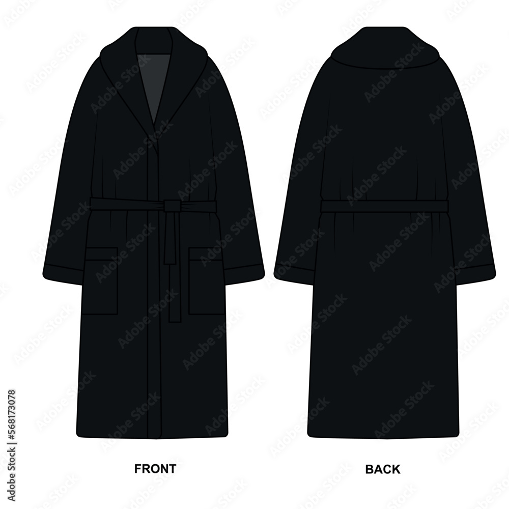 Bathrobe drawing with pockets in black color vector. Sketch clothes for ...
