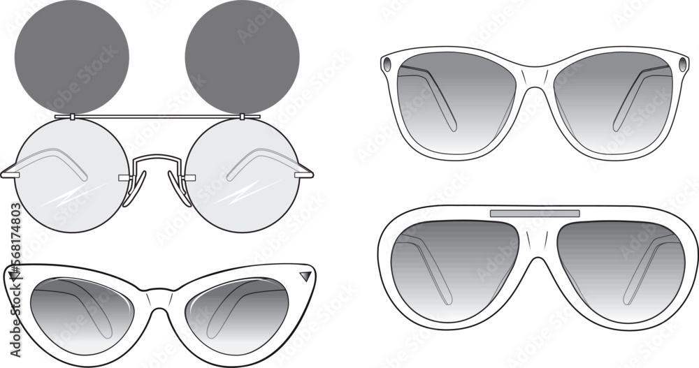 Unisex Sunglasses Set. Technical fashion glasses illustration. Flat ...