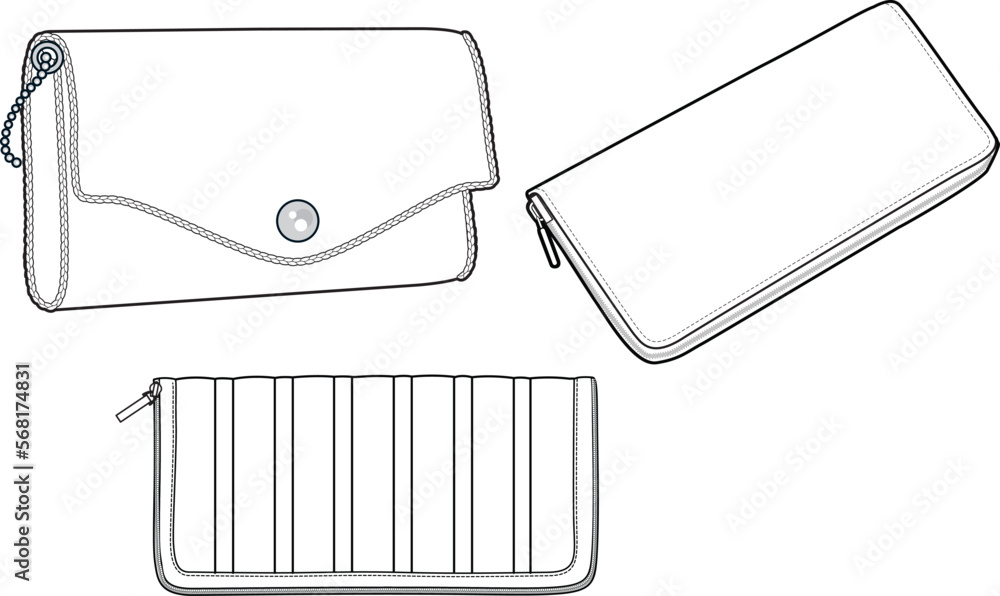 Women's Wallets Set. Technical fashion wallet illustration. Flat ...