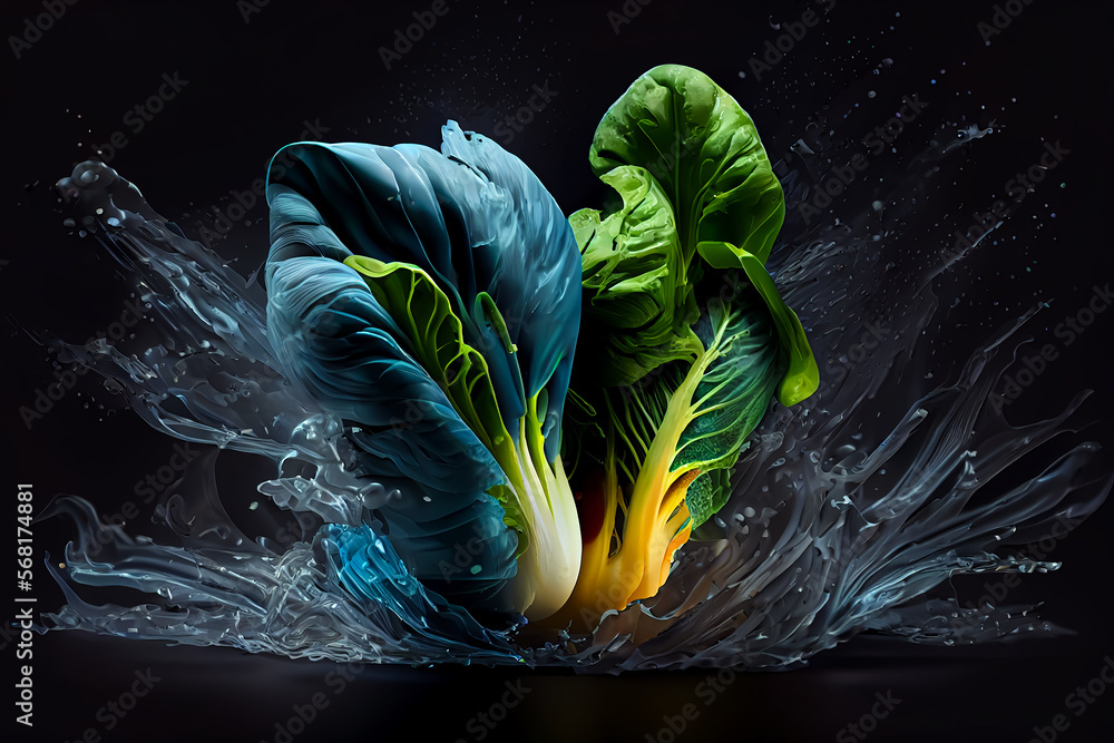 Bok choy vegetables with the same fruit color splashing on dark black ...