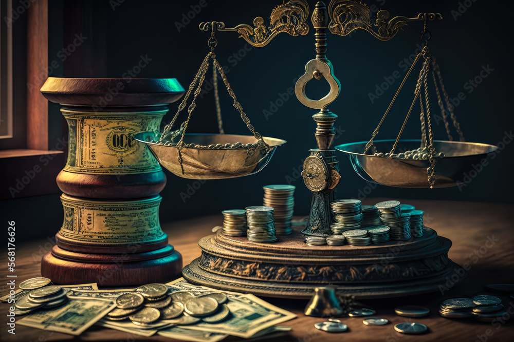 Corruption in court - money and coins on vintage weigh scales as a a ...