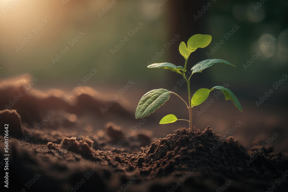developing plant, Young plant with ground background and dawn light ...