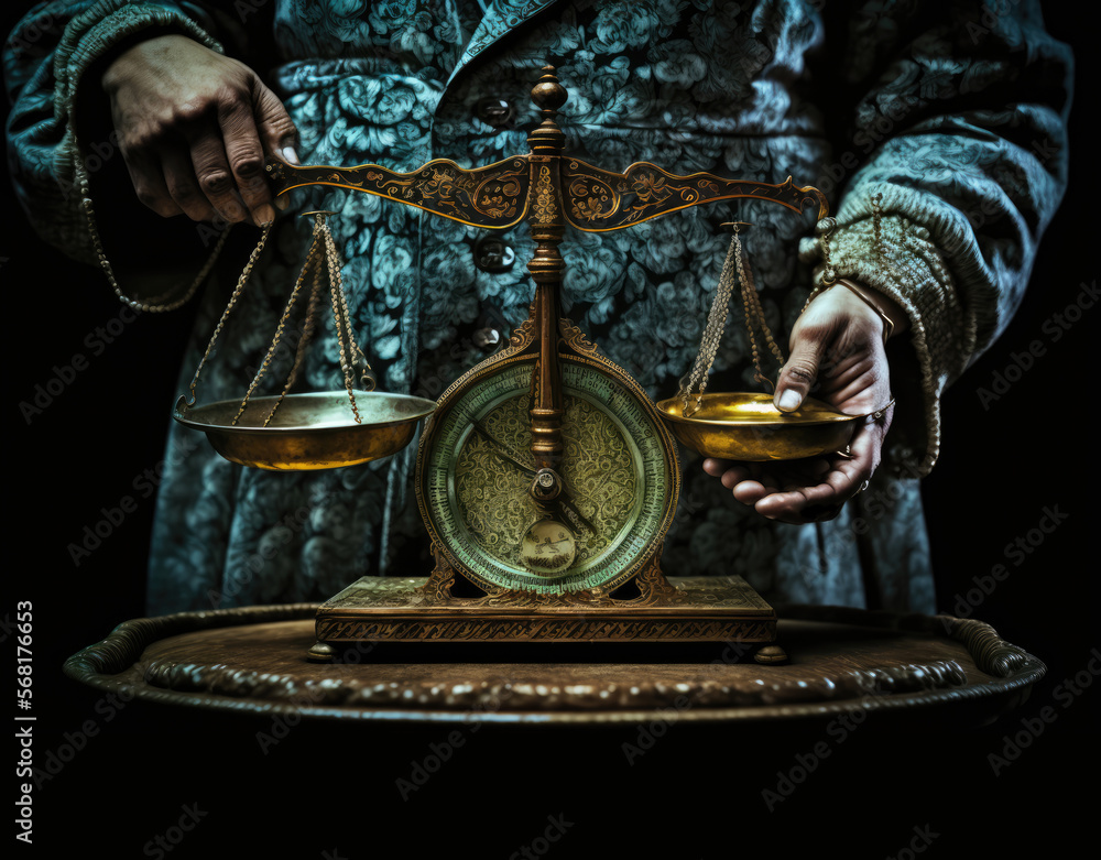 Old woman balancing vintage metal weigh scales as a symbol of court and ...