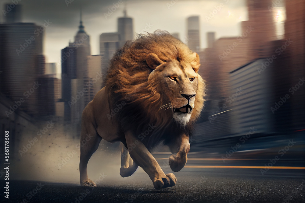Lion Running in Big City Skyline: Action-packed Stock Photo for Nature ...