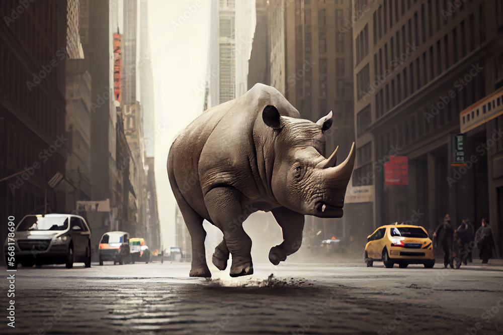 Rhino Running in Big City Skyline: Action-packed Stock Photo for Nature ...