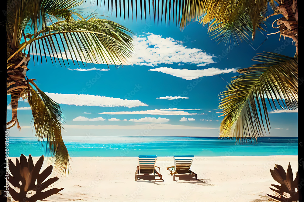 Beautiful tropical beach with white sand and two sun loungers on ...