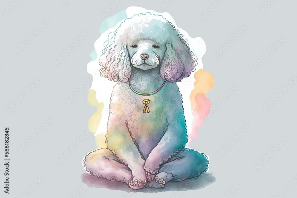 a watercolor drawing of a poodle sitting on the ground with a necklace ...