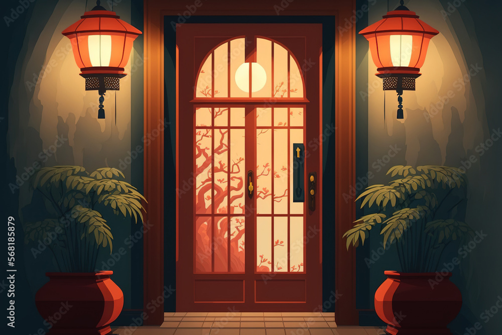 Chinese internal door, window frame, and lantern illustration flat ...