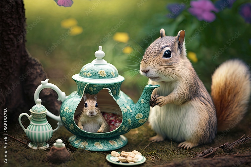 a squirrel and a squirrel in a teapot with a squirrel figurine in the ...