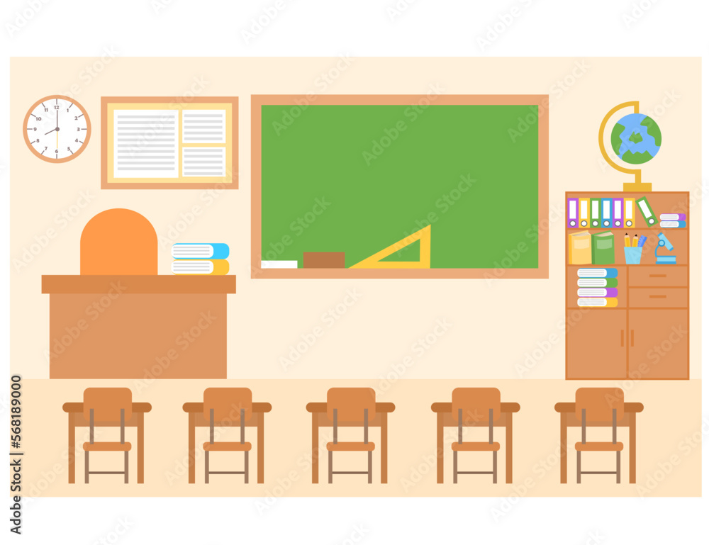 School classroom interior with chalkboard, teachers desk, table and ...