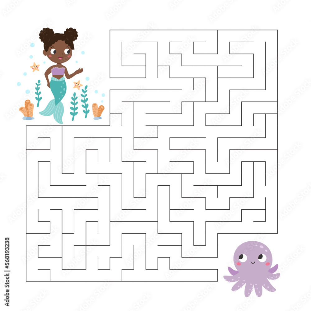 Maze game with mermaid and octopus. Cute fairy tale characters ...