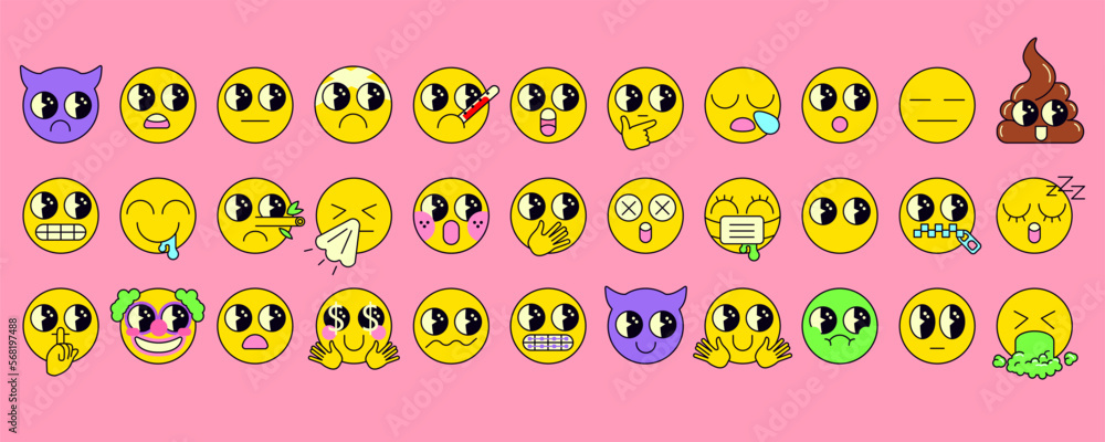 Emoticon design templates. Cartoon retro emoji set. Vintage icons ...