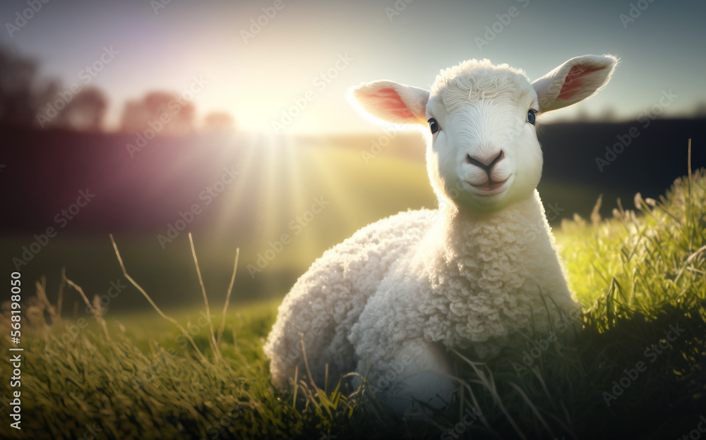 Easter, white young lamb laying down open field in the grass with the ...