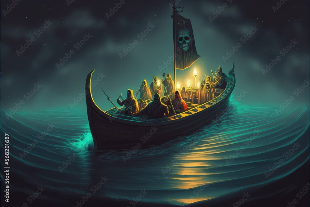 dark men with glowing souls on a boat meet the grim reaper , digital ...