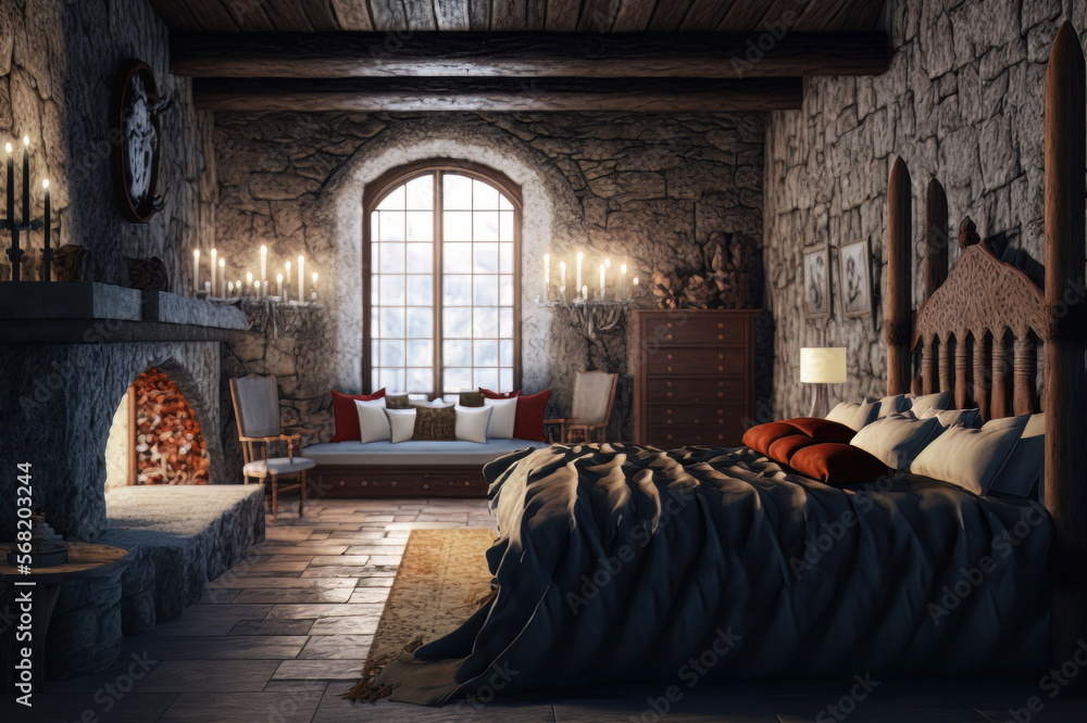 Game of Thrones Fantasy style bedroom interior with stone masonry ...