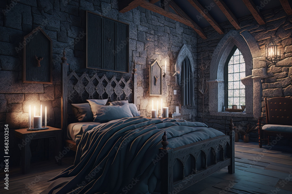Game of Thrones Fantasy style bedroom interior with stone masonry ...