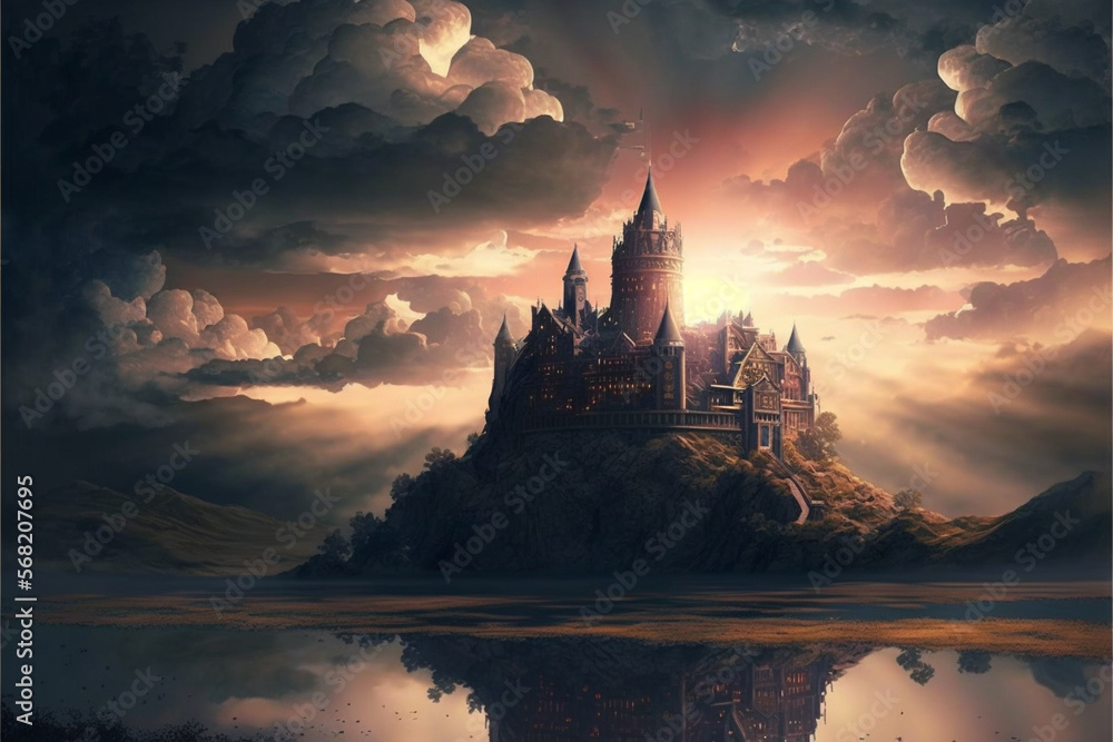 Beautiful historical medieval castle with amazing sun at sunset, clouds ...