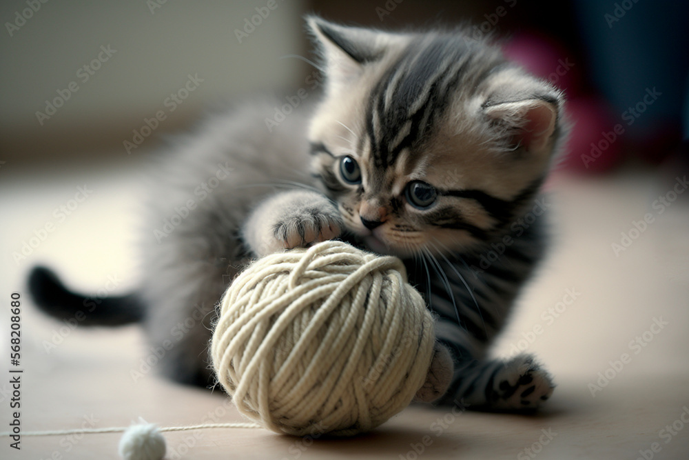 Cute cat playing with yarn, created by generative AI technology Stock ...