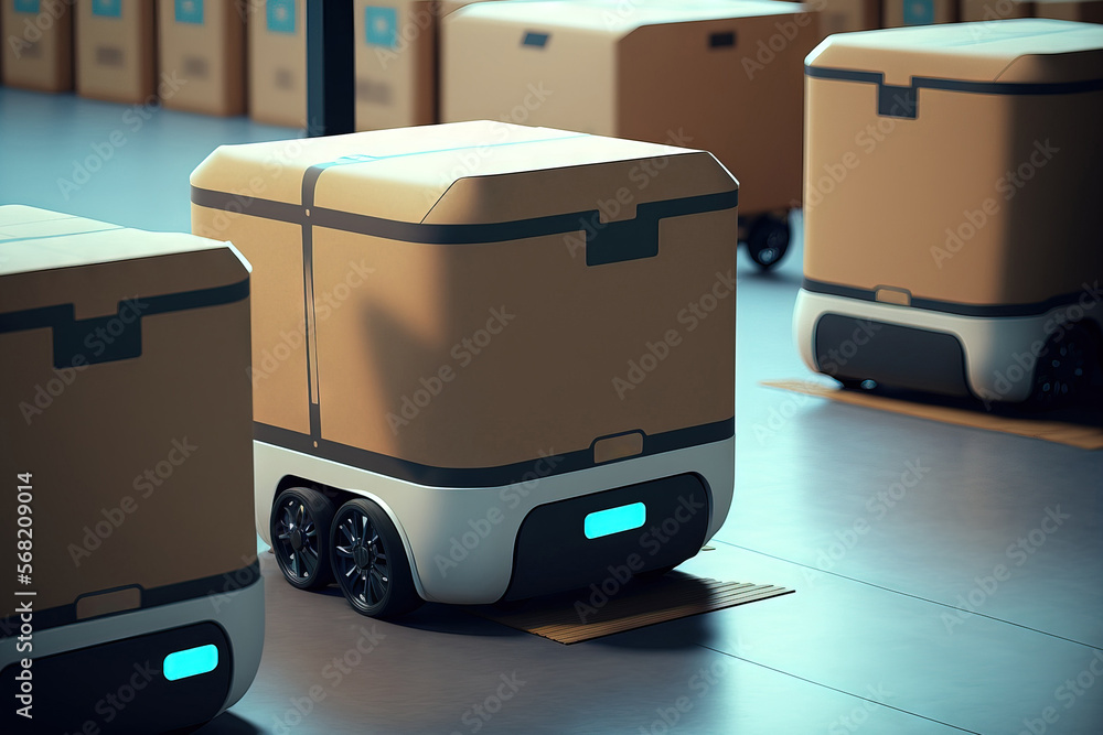 Future Technology Concept Transporting cardboard boxes in a distribution logistics center are ...