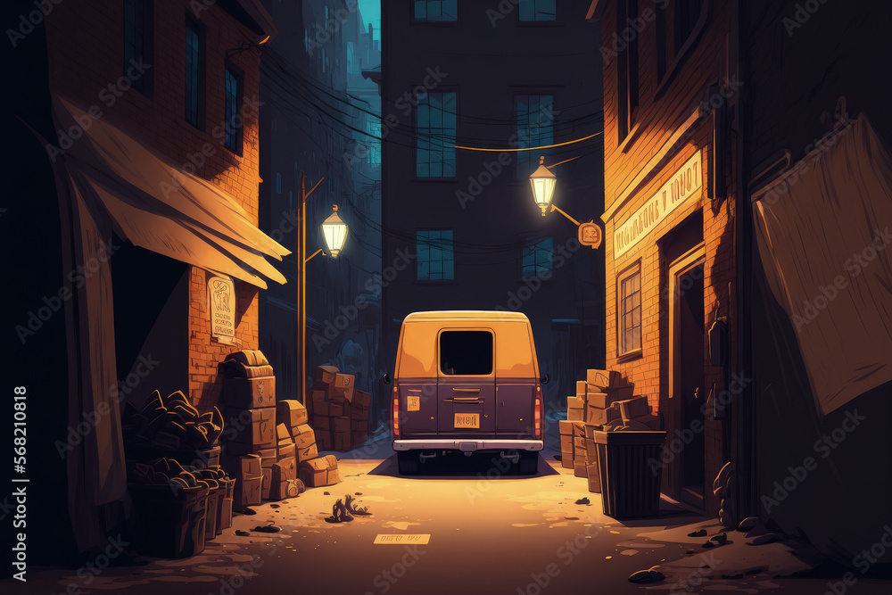 Cartoon illustration of a nighttime dark back alley with an entrance to ...