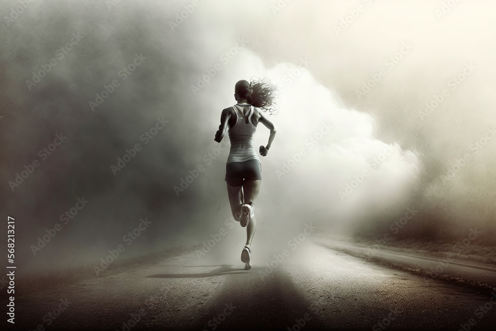 Woman Running on Path, Runner Abstract Art, Misty Fog, Moody Athlete ...