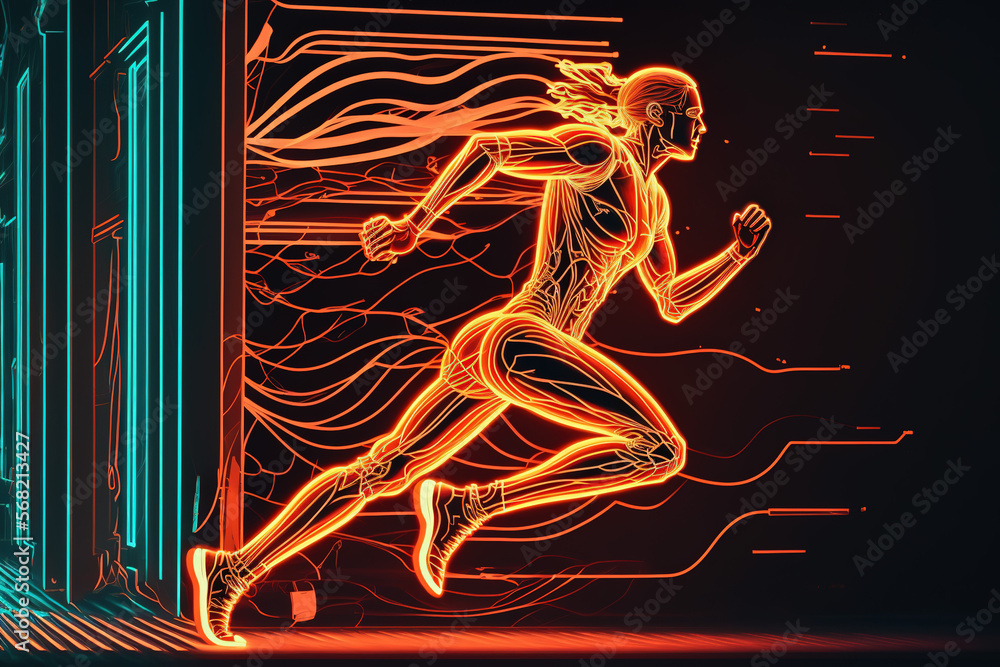 Man Running in Neon Line Art, Man Sprinting Abstract Art, Runner ...
