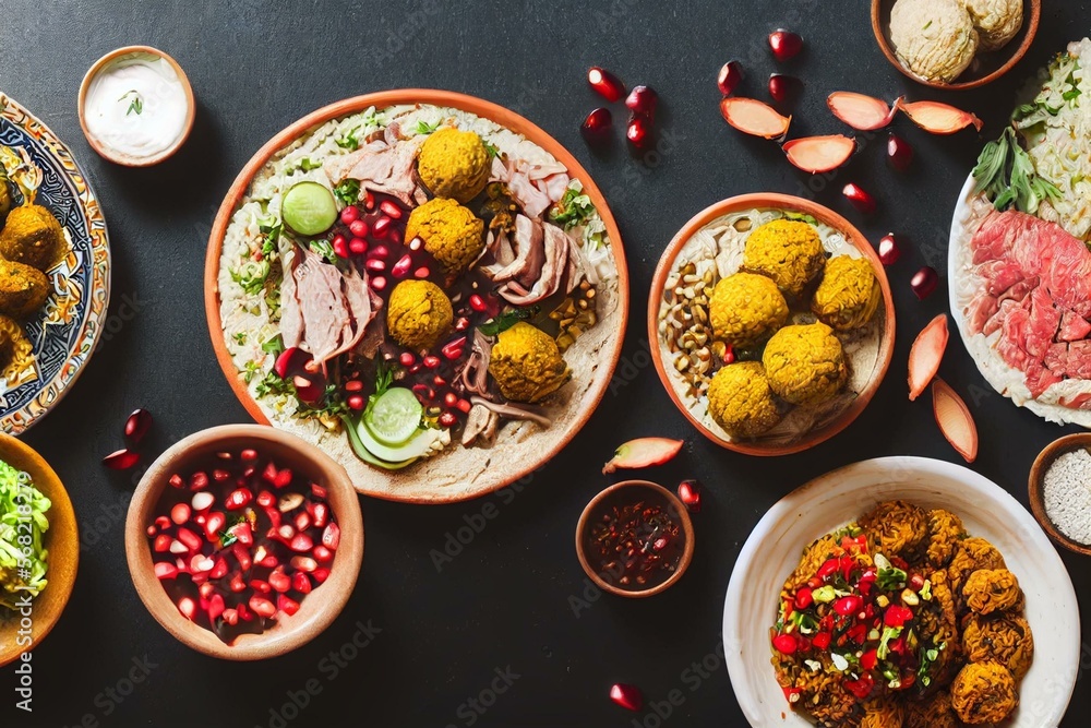 Assorted Middle Eastern and arabic dishes on a dark rustic background ...