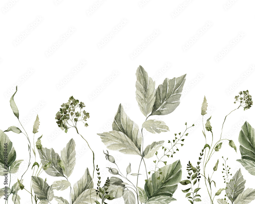 Watercolor floral border. Hand painted frame of forest greenery ...