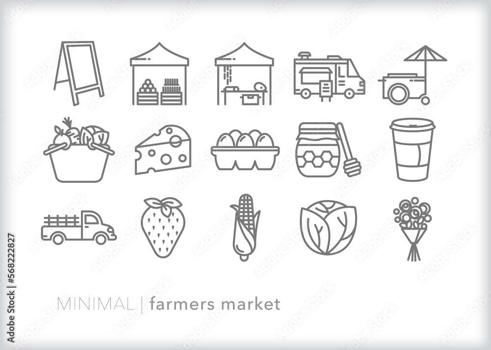 Set of farmers market line icons of produce, vegetables, cheese, meat ...