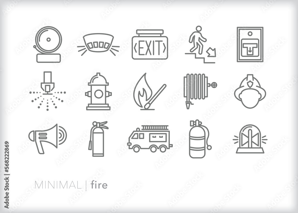 Set of fire line icons of items and themes related to fire prevention ...