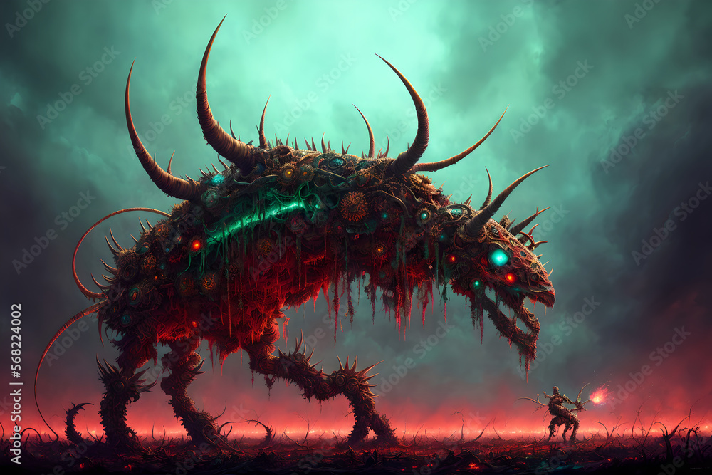 Vile demon with big teeth and horns, decaying, empty gaze, bloody mouth ...