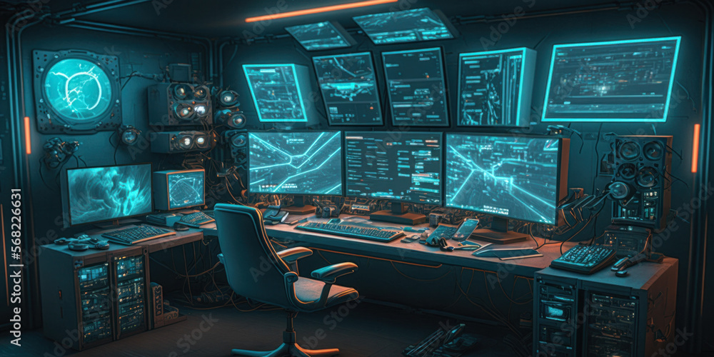 Inside of a security operations centre. Concept artwork of a secret ...