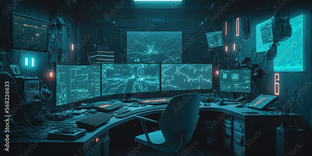 Interior of a security operations center. Artistic representation of a ...