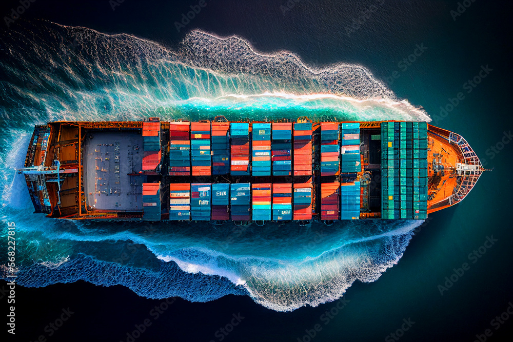 ภาพประกอบสต็อก Container vessel by Mediterranean Shipping, drone view. Container Ship with ...