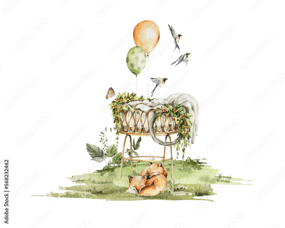 Watercolor nursery card. Hand painted woodland set of cute baby animals ...