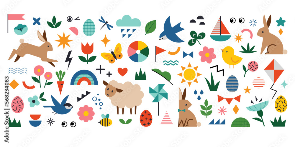 Vector set of bright colourful Easter characters, symbols, flowers and ...