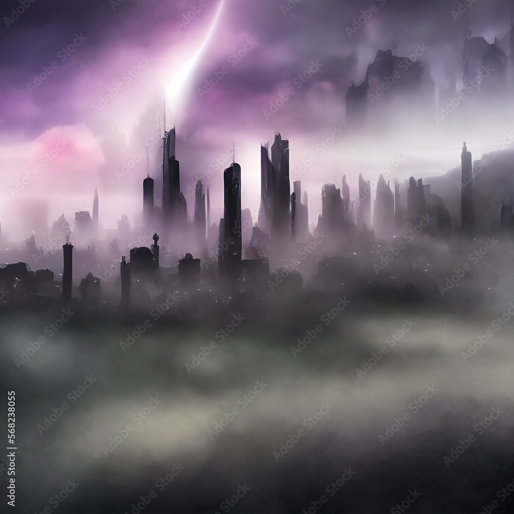 Abstract fictional scary dark wasteland city background purple mist and ...