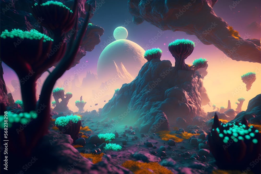 alien world landscape neon colors ancient arcane detail Ultrarealistic ...