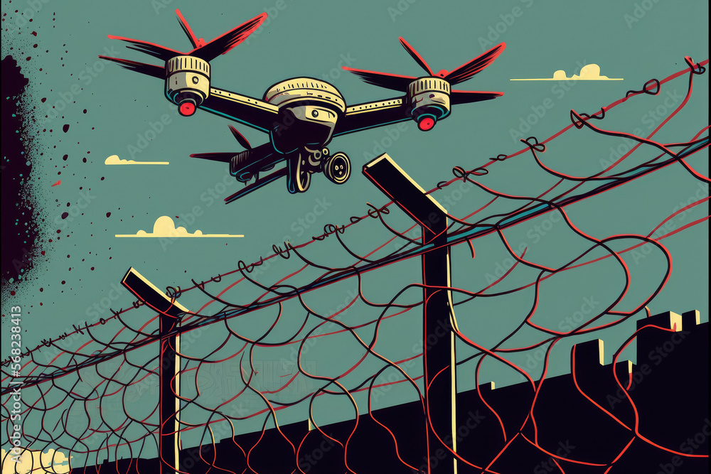 A surveillance drone flies over the area and patrols it. Barbed wire ...