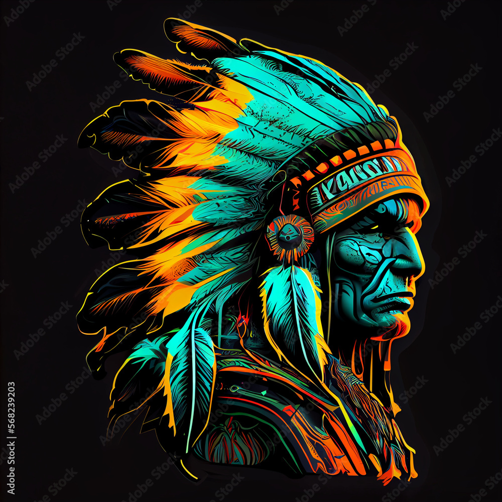 neon colored native american illustration in black background Stock ...