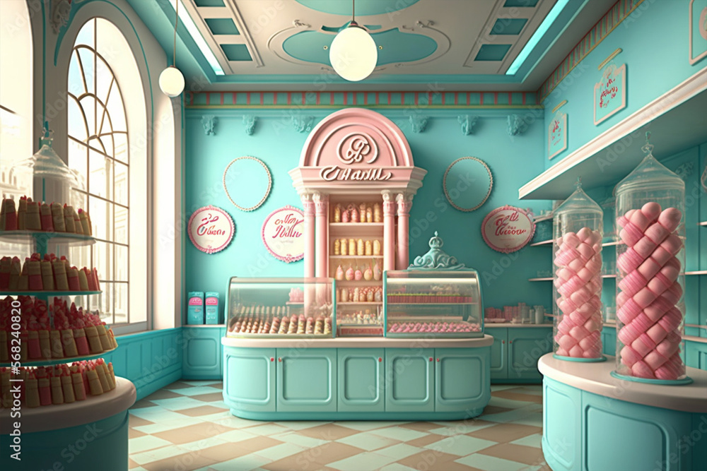 premium candy shop interior in pastel colors with lots of sweet treats ...