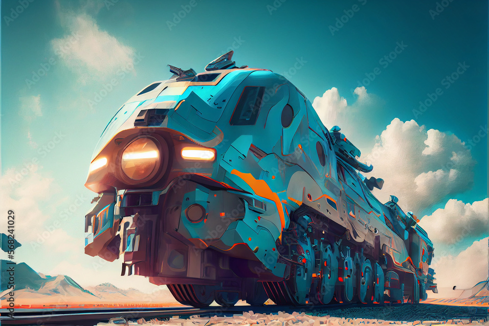 Futuristic transport train on blue sky digital art illustration ...