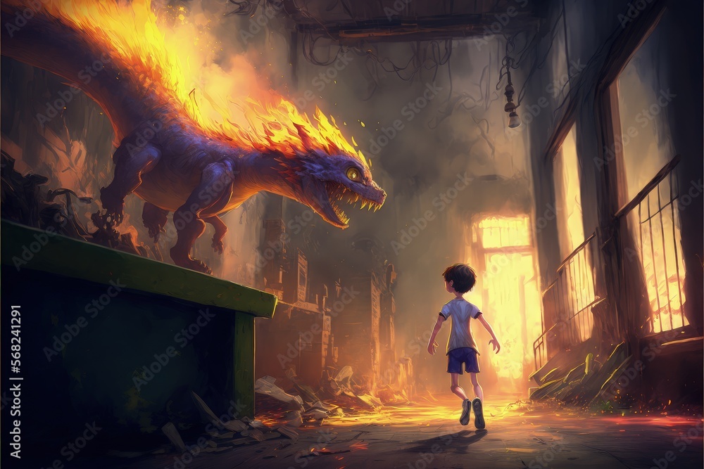 fantasy scene showing the young boy running away from the fire dragon ...