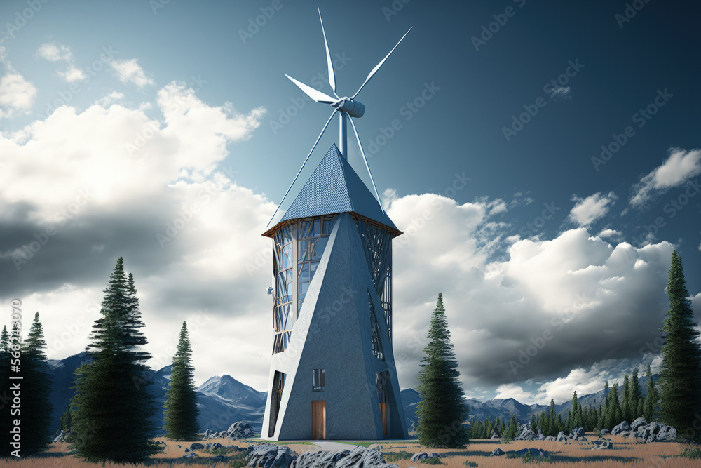 Building a wind turbine tower in a scenic setting with a clear sky ...