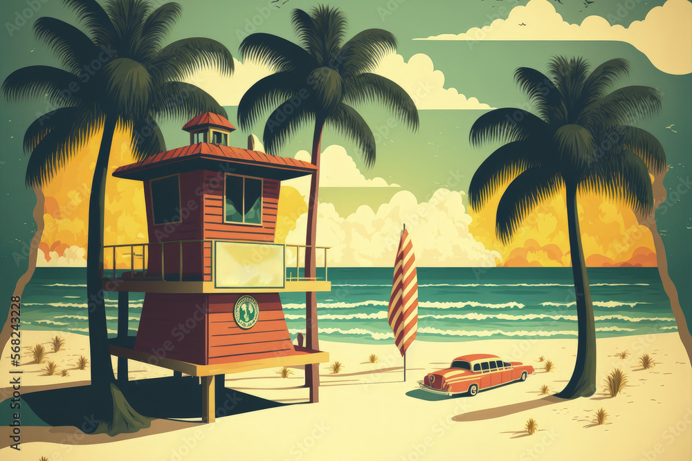 Retro Miami Beach Poster. Beach, palms, the coast, the water, and the ...